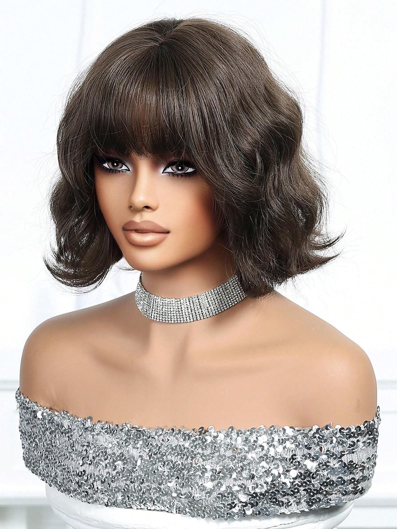 Dark Brown Short Wavy Wig With Bangs, Natural Looking Shoulder Length ...