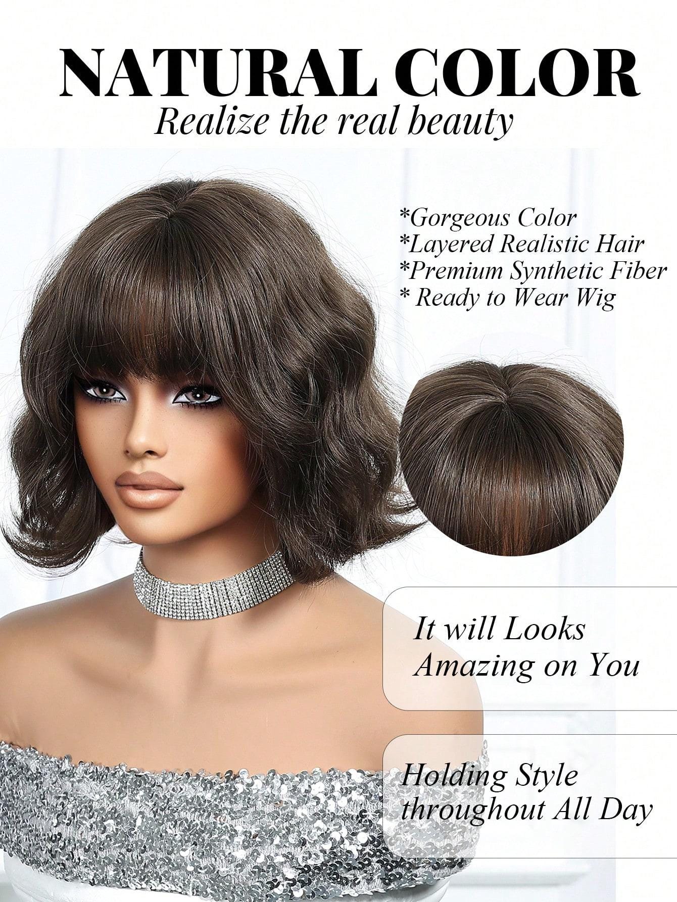 Dark Brown Short Wavy Wig With Bangs, Natural Looking Shoulder Length ...