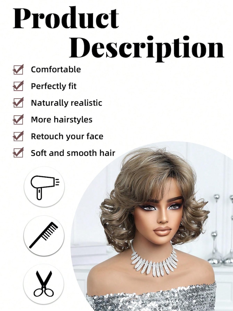Ash Blonde Short Wavy Wig for Women, Layered Voluminous Synthetic Wig ...
