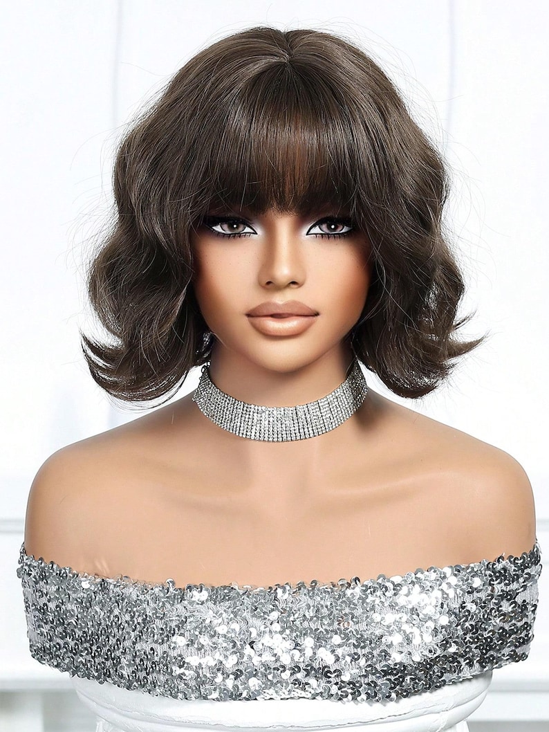 Dark Brown Short Wavy Wig With Bangs, Natural Looking Shoulder Length ...