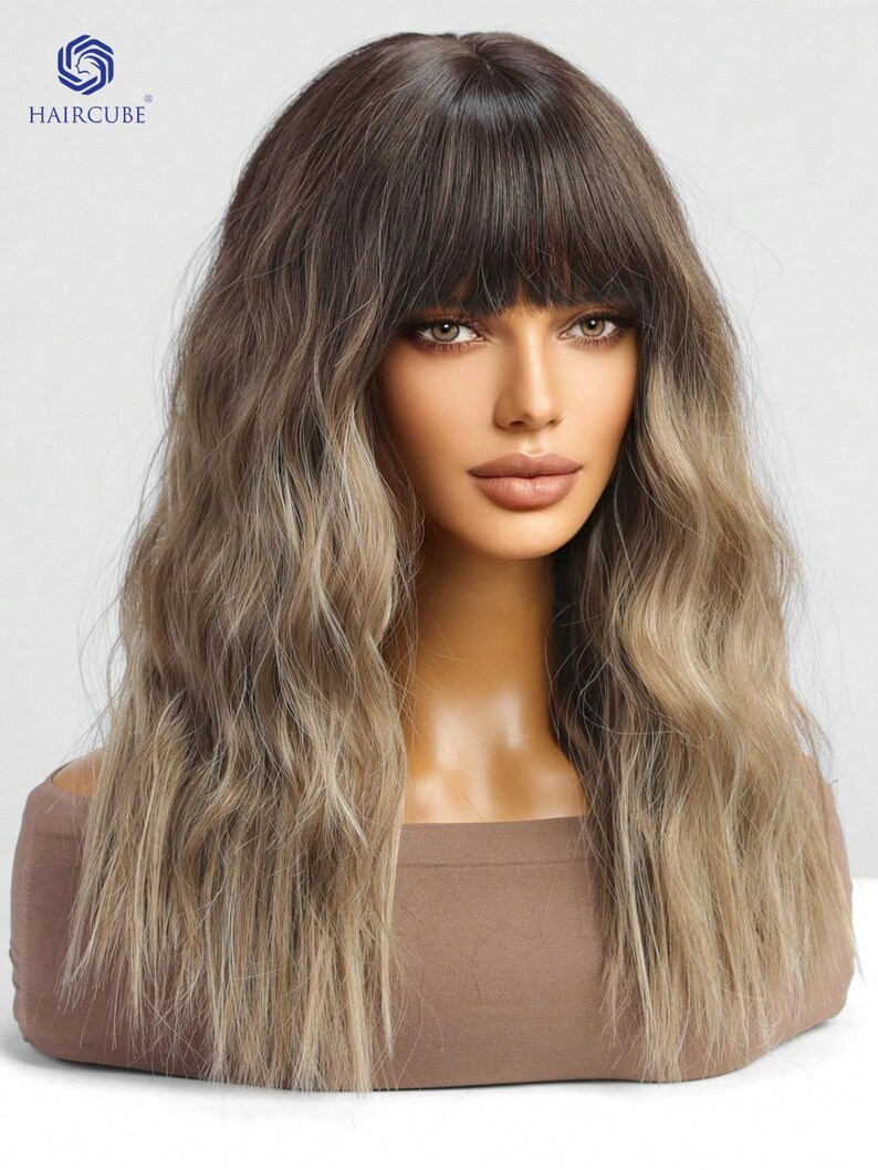 Ombre Balayage Wavy Wig With Bangs, Dark Brown to Ash Blonde Long ...