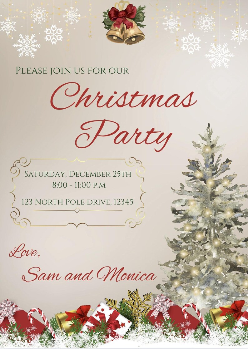 Customizable Christmas Party Invitation, 5x7 Inches, Beautiful Golden ...