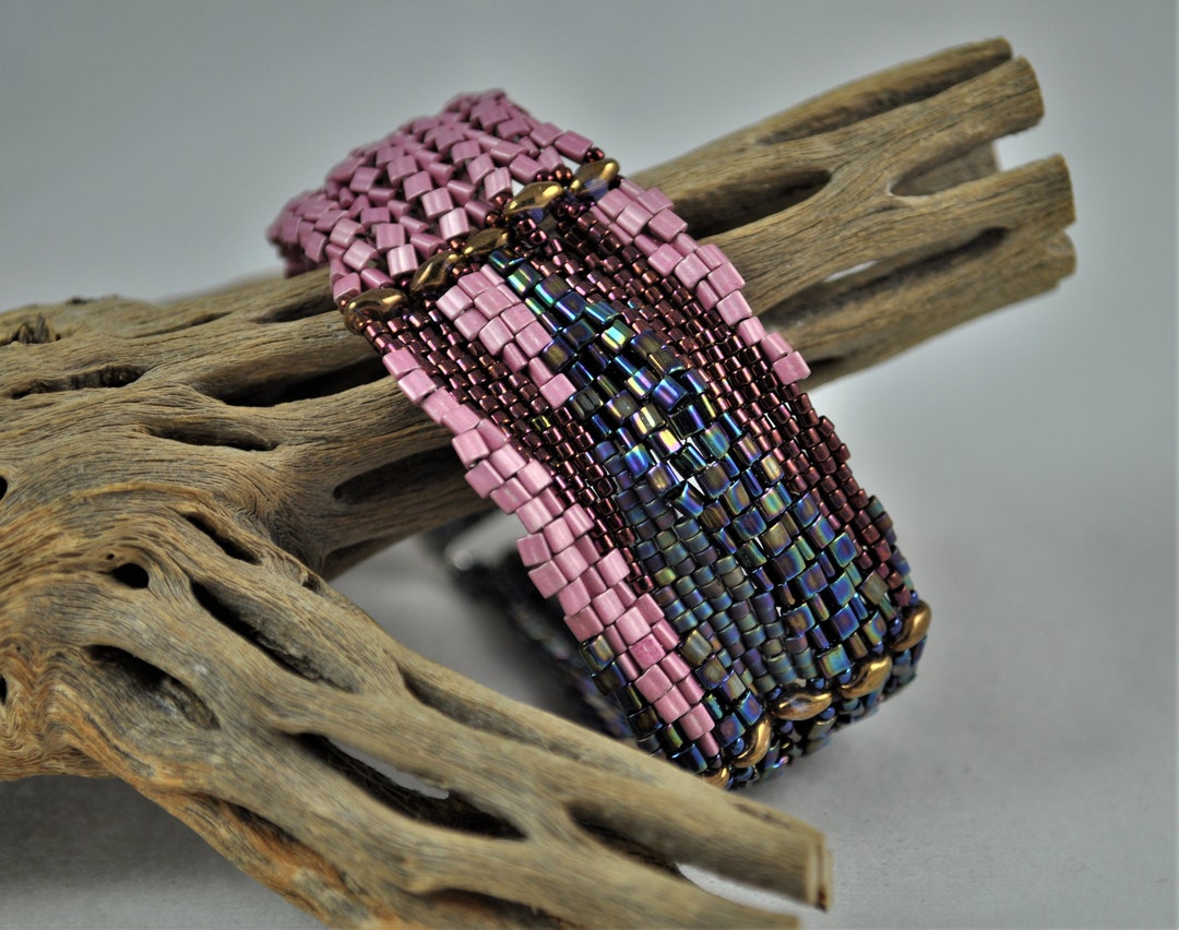 Luxe Cuff Collection Beadwoven Mauve and Blue Bracelet With Large ...