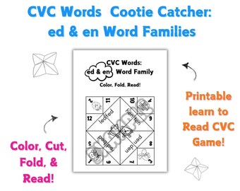 CVC Words Cootie Catcher Reading Game: at Word Family Printable Color ...