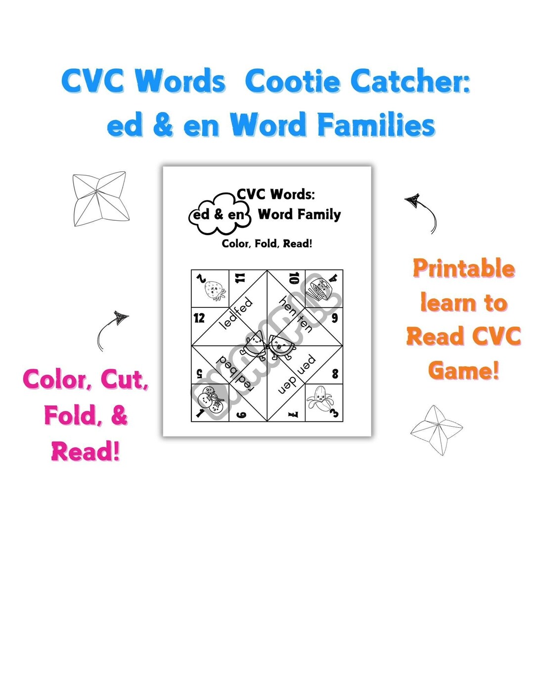 CVC Words Cootie Catcher Reading Game: Ed & En Word Families! Printable ...