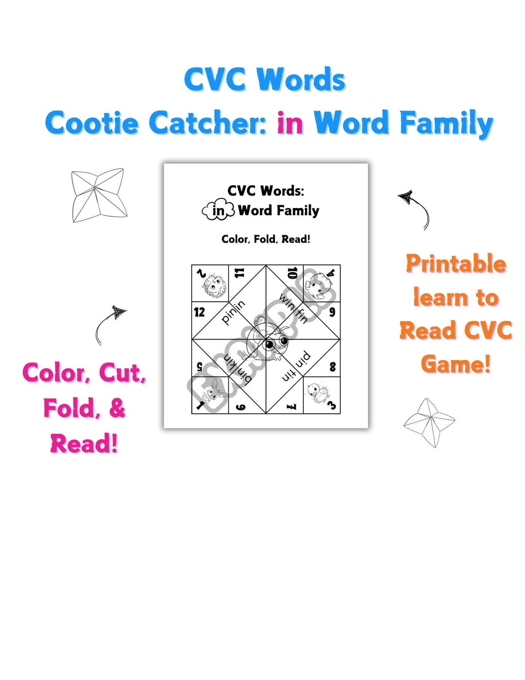 CVC Words Cootie Catcher Reading Game: in Word Family! Printable Color ...