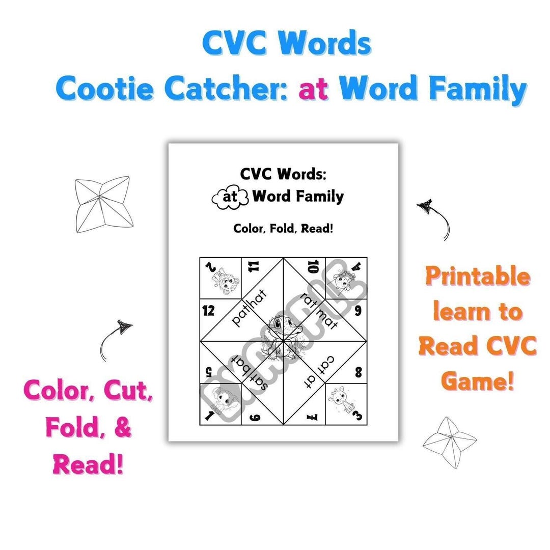 CVC Words Cootie Catcher Reading Game: at Word Family! Printable Color ...