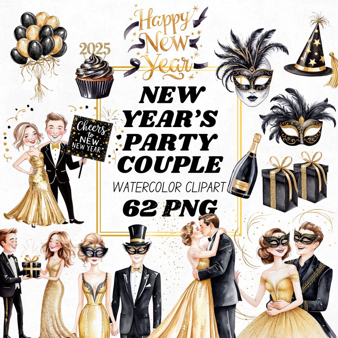 New Years Party Clipart, Watercolor Black & Gold New Year Celebration ...