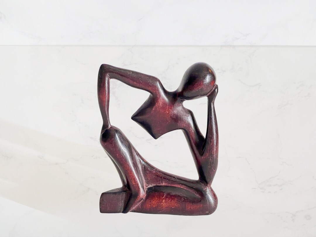 Abstract Wood Carved Thinking Man Sculpture I Cheerful Modern Figurine ...