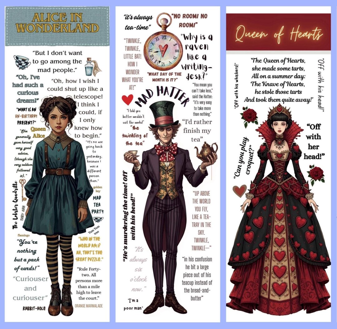 Steampunk Alice Mad Hatter Queen of Hearts Bookmarks - Set of 5 ...