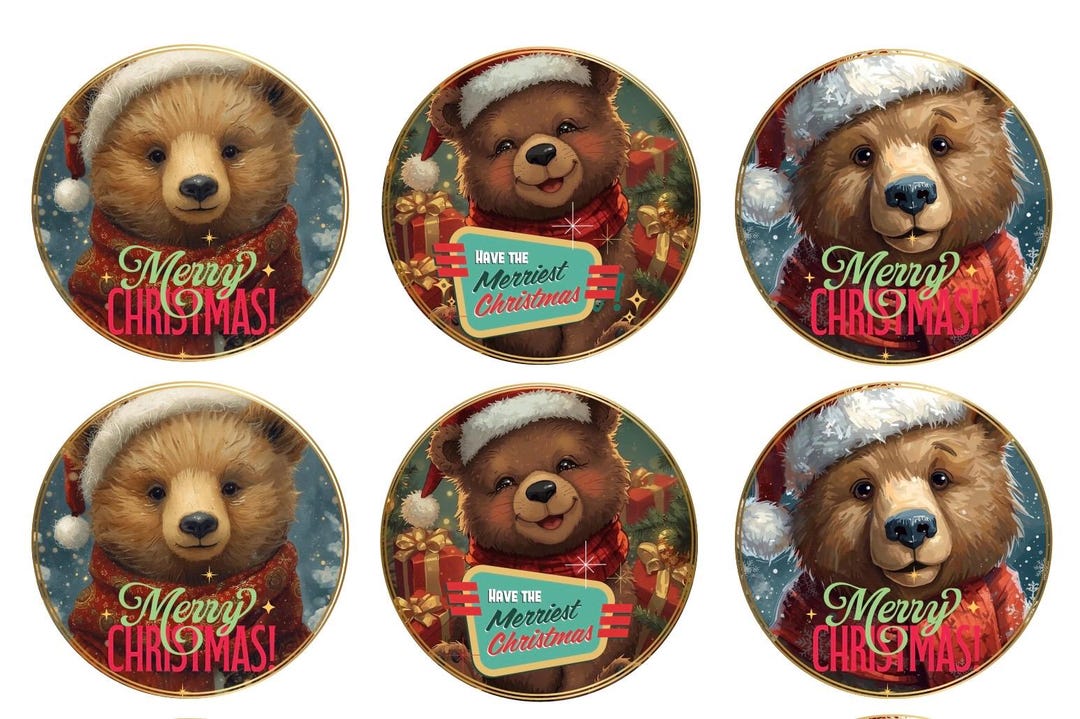 Christmas Bears Printable Gift Tags Stickers - Set of 12 - Digital ...