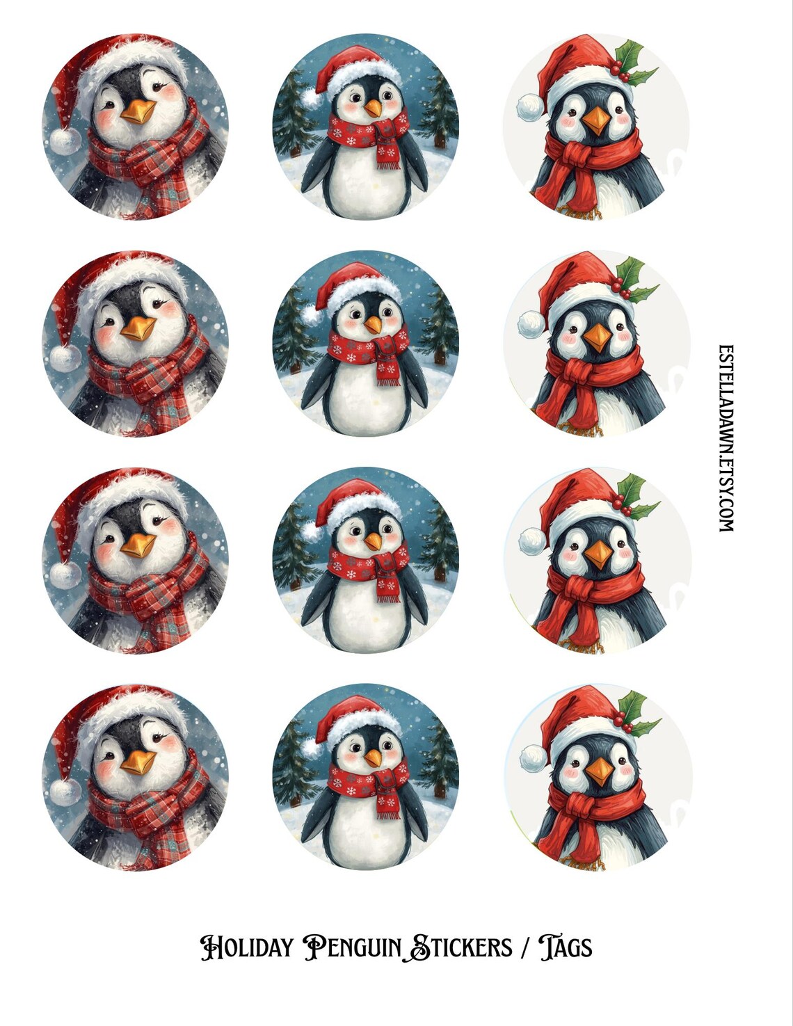 Round Holiday Penguins Printable Gift Tags Stickers - Set of 12 ...