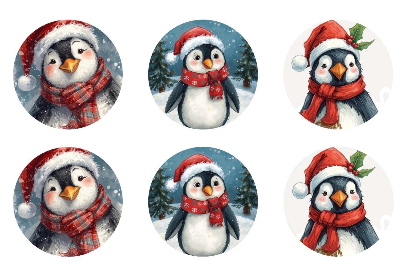 Round Holiday Penguins Printable Gift Tags Stickers - Set of 12 ...