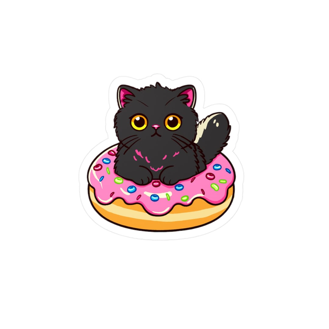 Cute Black Cat in Donut Vinyl Decal, Adorable Sticker for Laptops ...