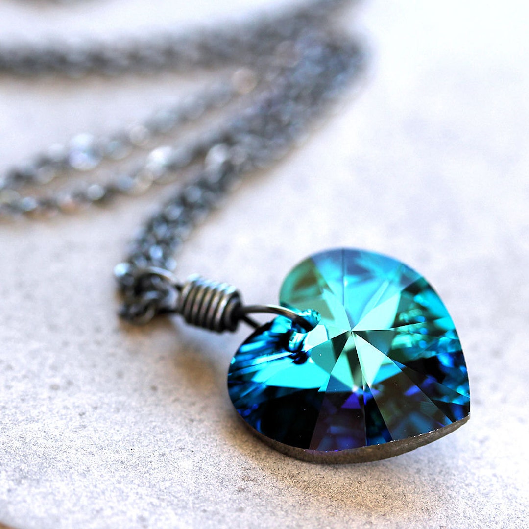 Blue Heart Necklace Valentine Heart Jewelry Swarovski Crystal Faceted ...