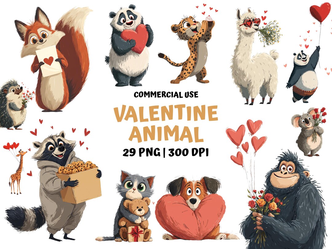 Valentine Animal Clipart Bundle: 29 PNG Cute Animals + BONUS - 3 Ready ...