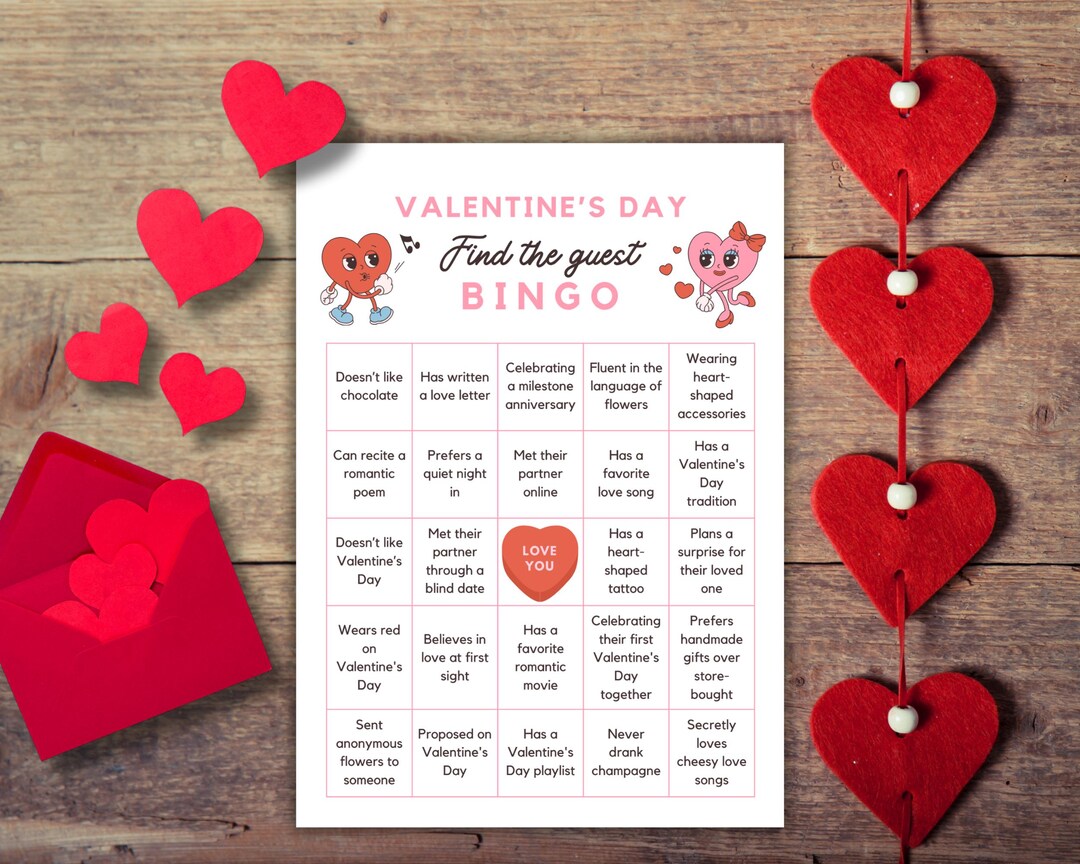 Valentines Day Find the Guest Bingo Card, Valentine's Party Game ...