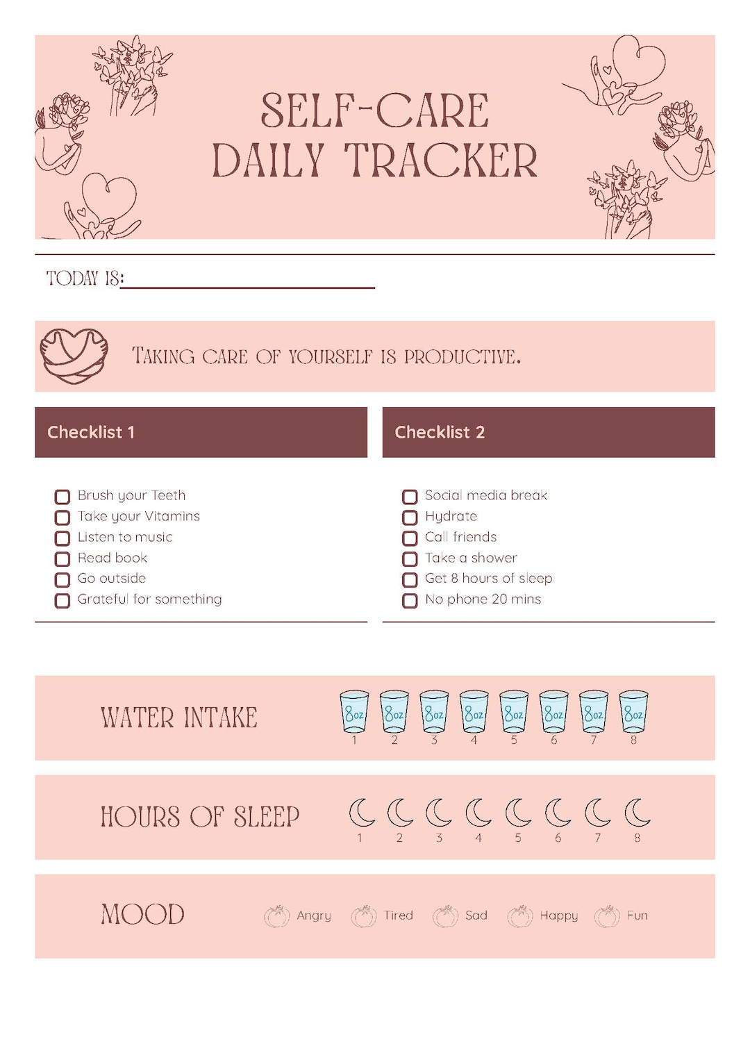 Self Care Daily Tracker Printable PDF, Digital Download, Self Care ...