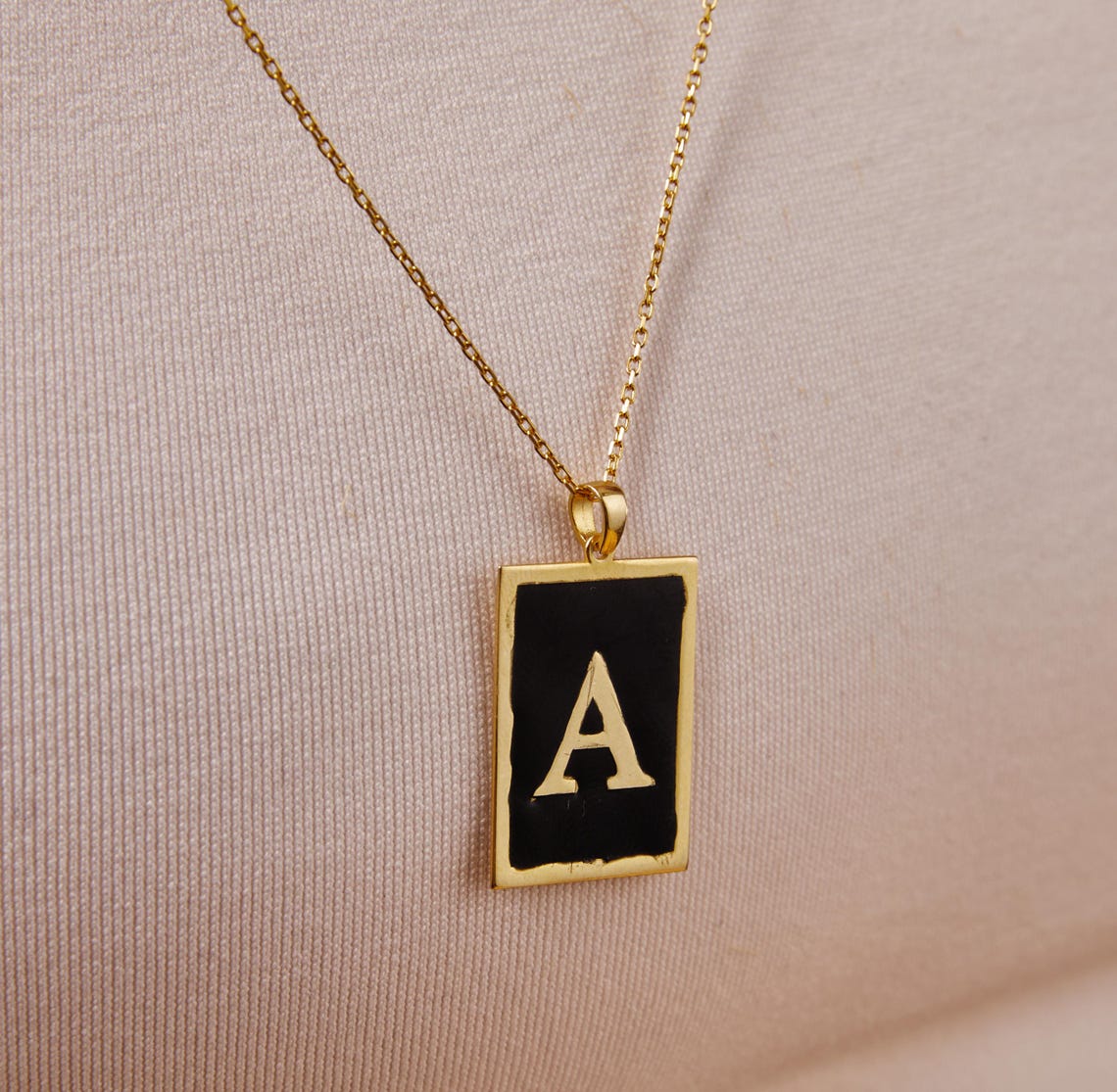 14K Gold Enamel Square Initial Necklace, Personalized Square Letter ...