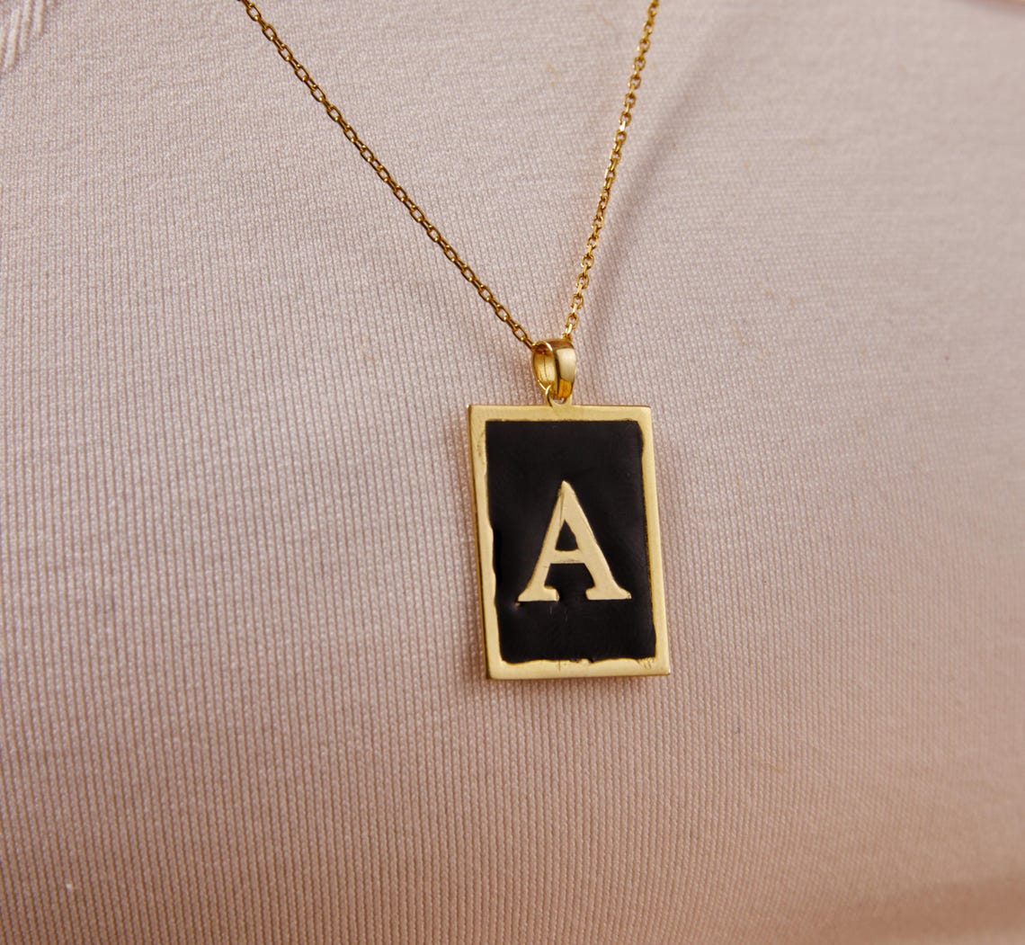 14K Gold Enamel Square Initial Necklace, Personalized Square Letter ...