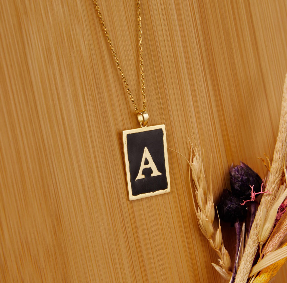 14K Gold Enamel Square Initial Necklace, Personalized Square Letter ...