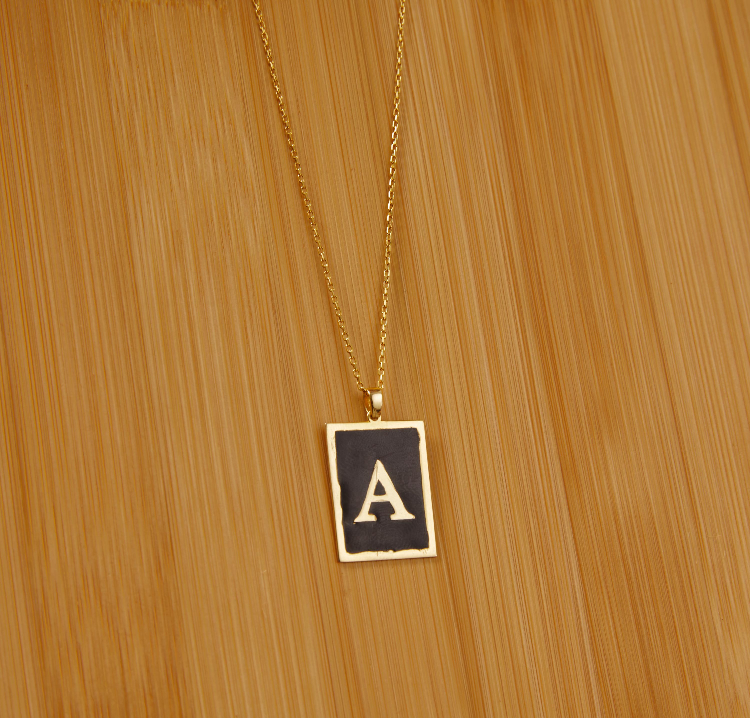 14K Gold Enamel Square Initial Necklace, Personalized Square Letter ...