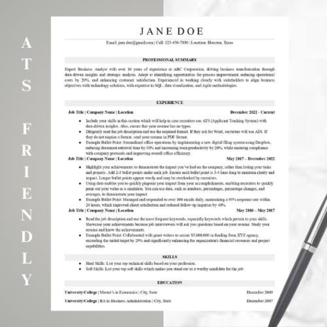 ATS Friendly Resume Template Word, Pages, Google Docs, ATS Resume, ATS ...