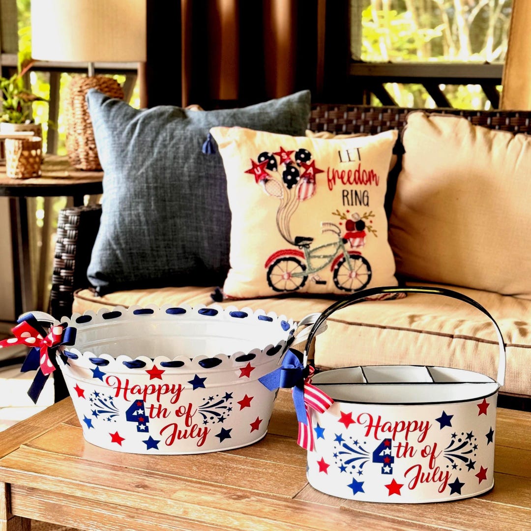 White or Red 4th of July Bucket With Scallops & Ribbon | 4th of July ...