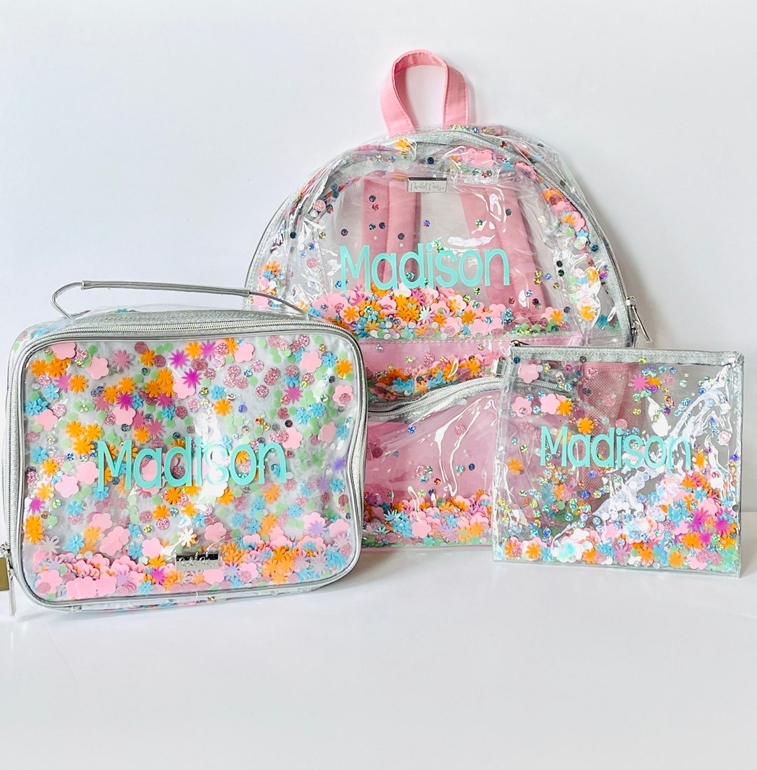 3 Piece Set Personalize Flower Clear Confetti Backpack, Pencil Pouch ...