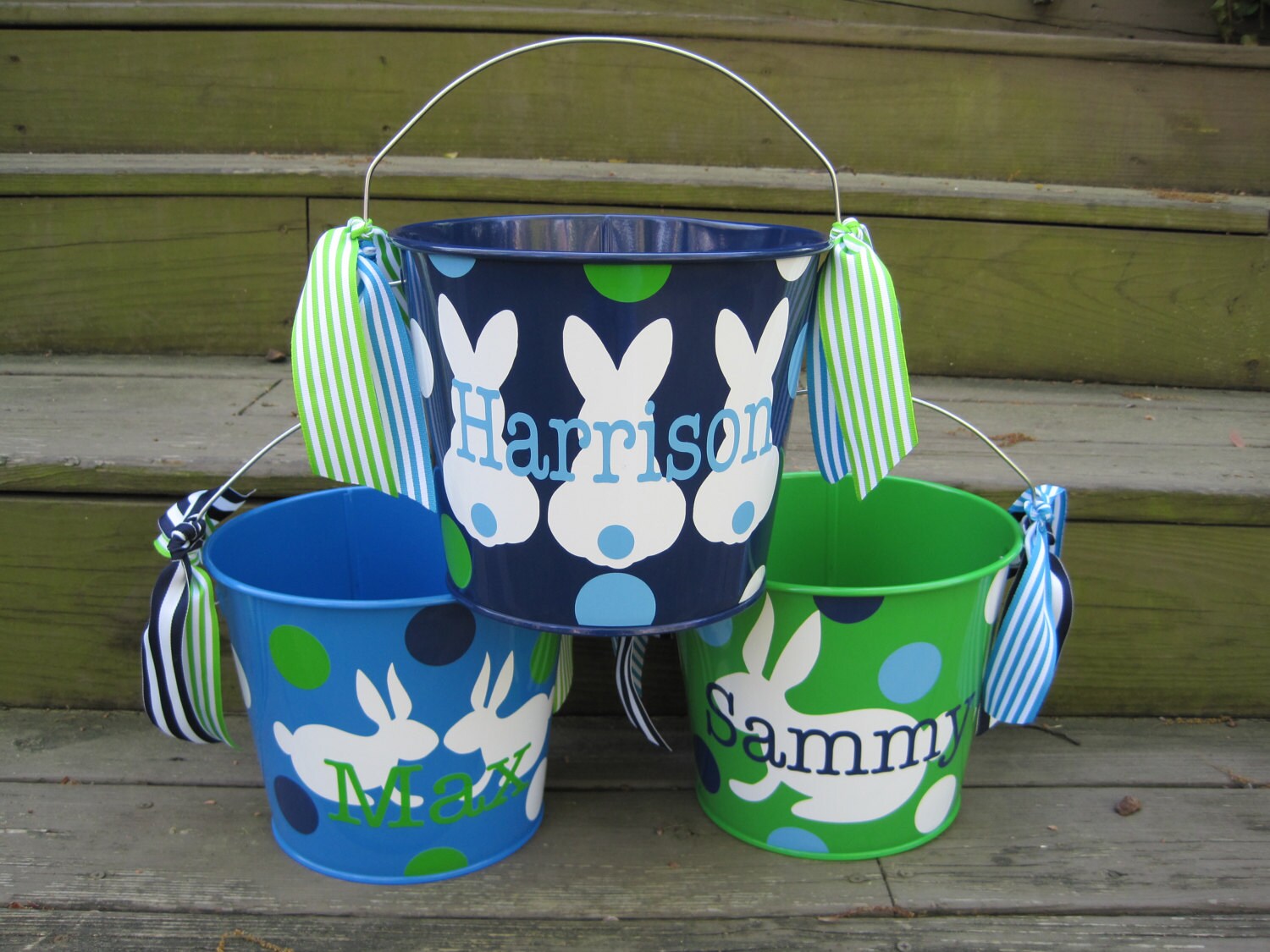 Boy Personalized 5QT Sky Blue Easter Bucket W/ 3 Bunnies Appliqué, Name ...