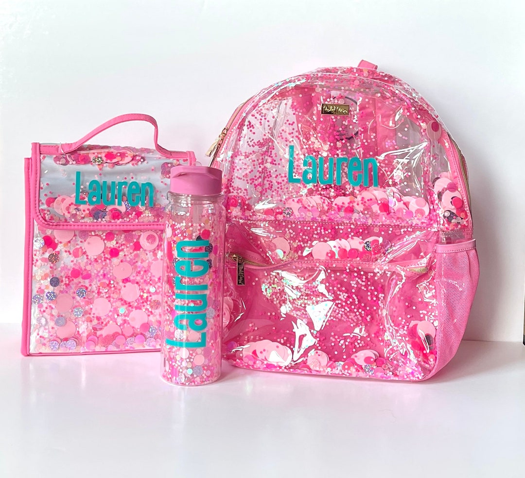 Personalized Pink Party Clear Confetti Backpack, Lunchbox & Water ...