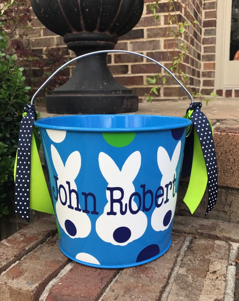 Boy Personalized 5QT Sky Blue Easter Bucket W/ 3 Bunnies | Etsy