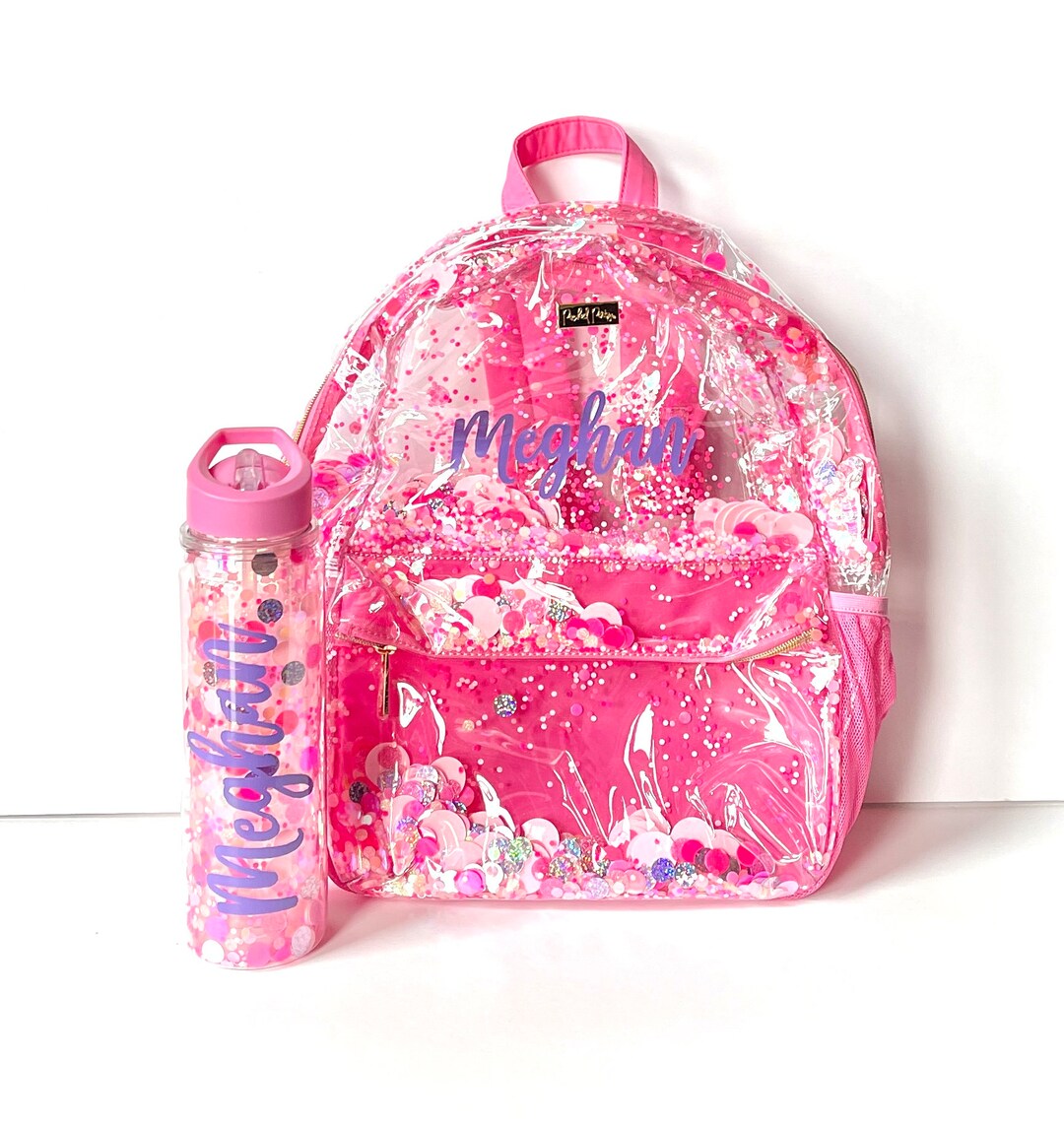 Personalized Pink Party Clear Confetti Backpack & Water Bottle 2 Piece ...