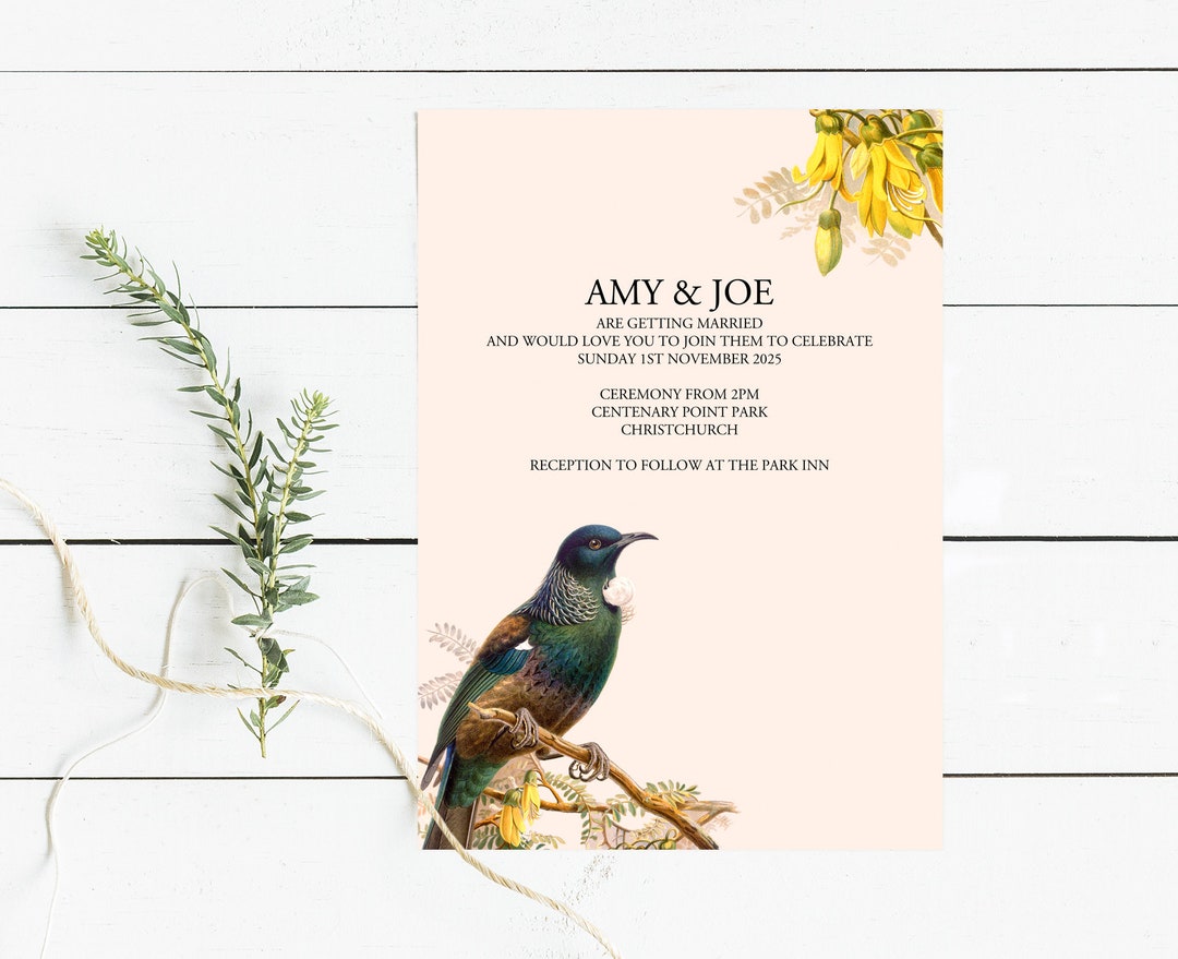New Zealand Wedding Invitation Tui Bird Kowhai - Printable Pdf - NZ ...