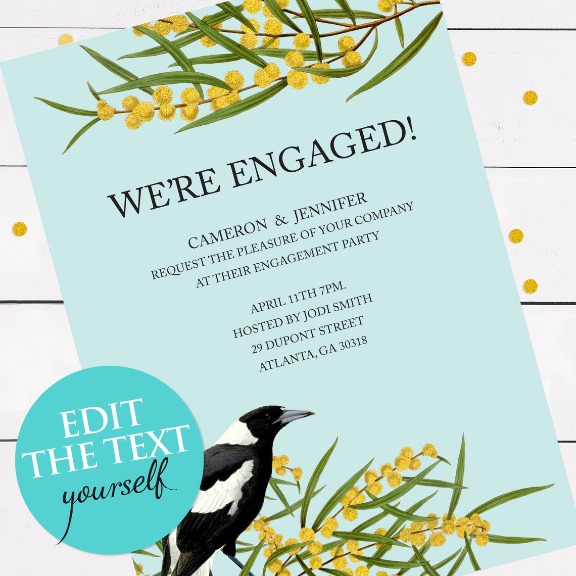 Australian Wedding Invitation Magpie and Wattle Printable | Etsy
