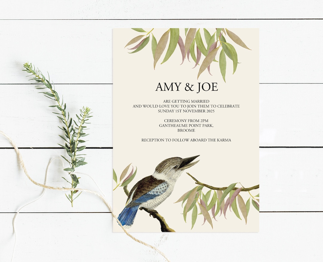 Australian Wedding Invitation Kookaburra and Gum Leaf - Printable Pdf ...