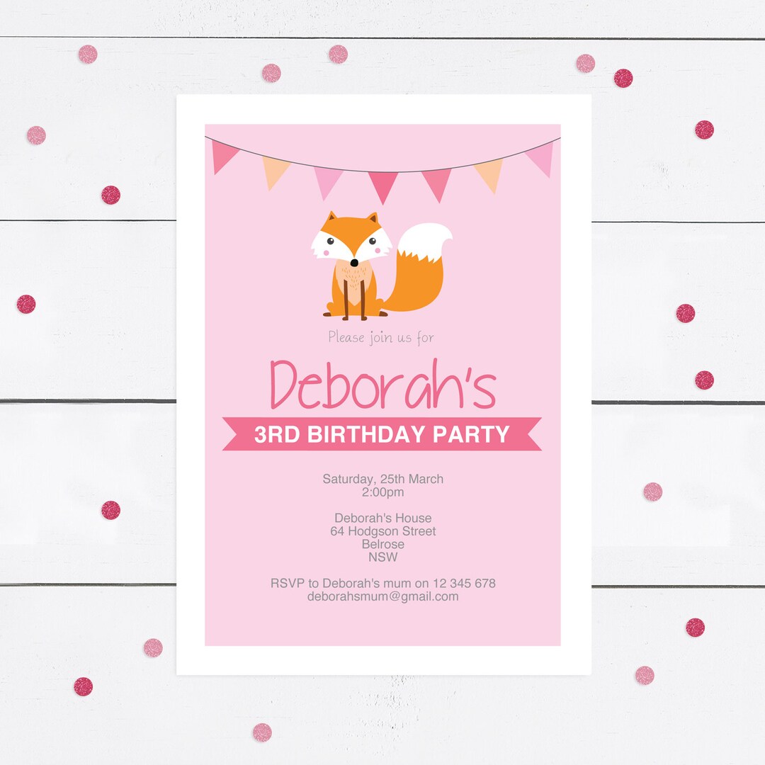Girl Fox Birthday Invitation Pink Fox Baby Shower Invite - Etsy