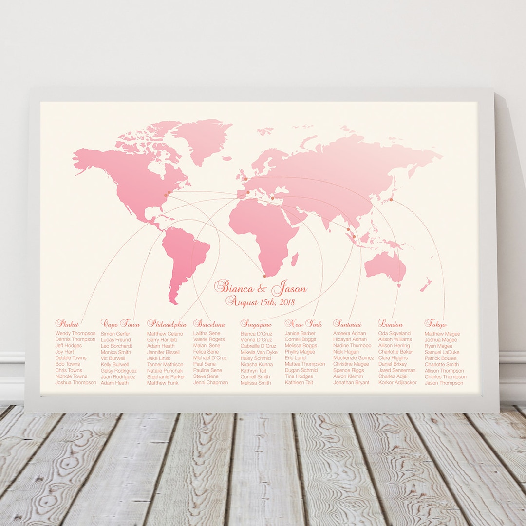 World Map Wedding Seating Chart for Destination Wedding Table Plan or ...