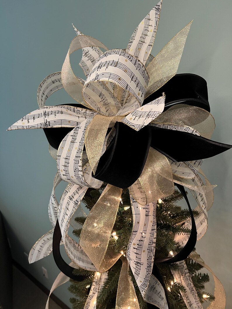 Large Musical Notes Christmas Tree Topping Bow in Black and Gold - Etsy