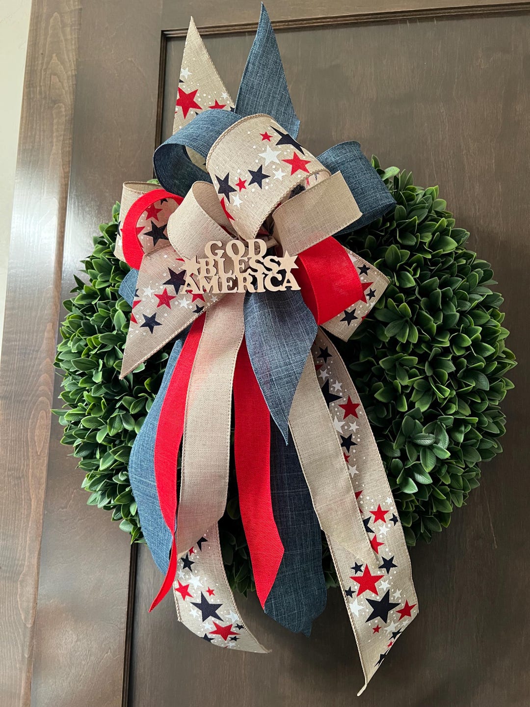 God Bless America Stars Red, Blue, and Khaki Patriotic Bow for Wreaths ...