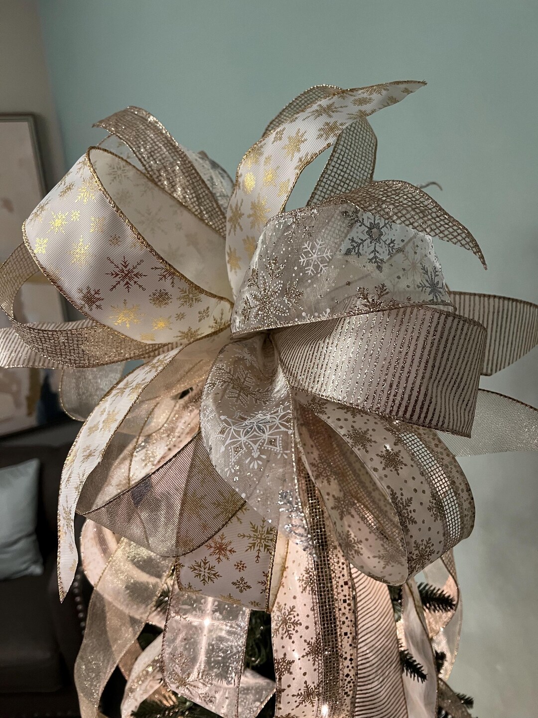 Large Gold & Ivory Christmas Tree Topper Bow: Handcrafted Holiday Decor ...