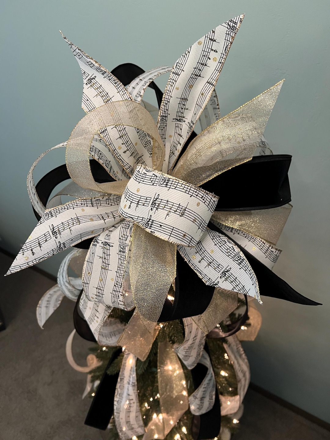 Large Musical Notes Christmas Tree Topping Bow in Black and Gold - Etsy