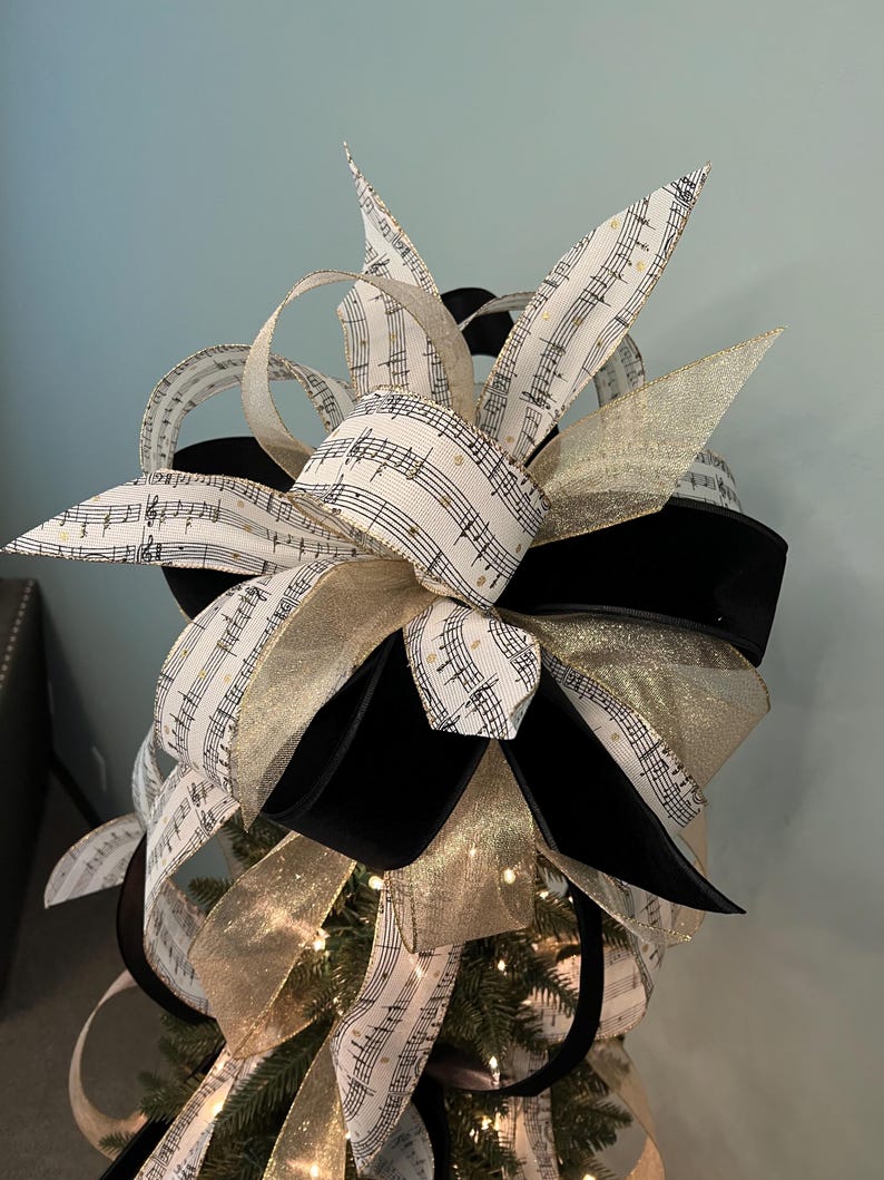 Large Musical Notes Christmas Tree Topping Bow in Black and Gold - Etsy