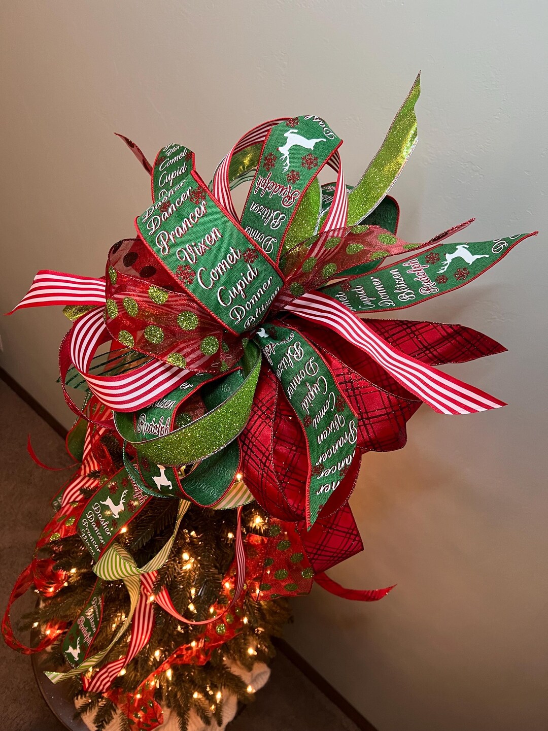 Large Reindeer Christmas Tree Topper Bow; Handcrafted Holiday Decor - Etsy