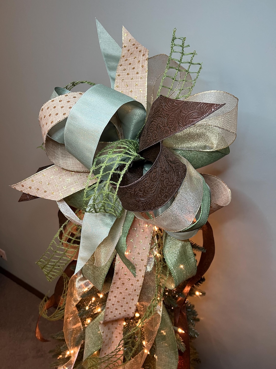 Large Sage & Brown Christmas Tree Topper Bow With Long Streamers - Etsy