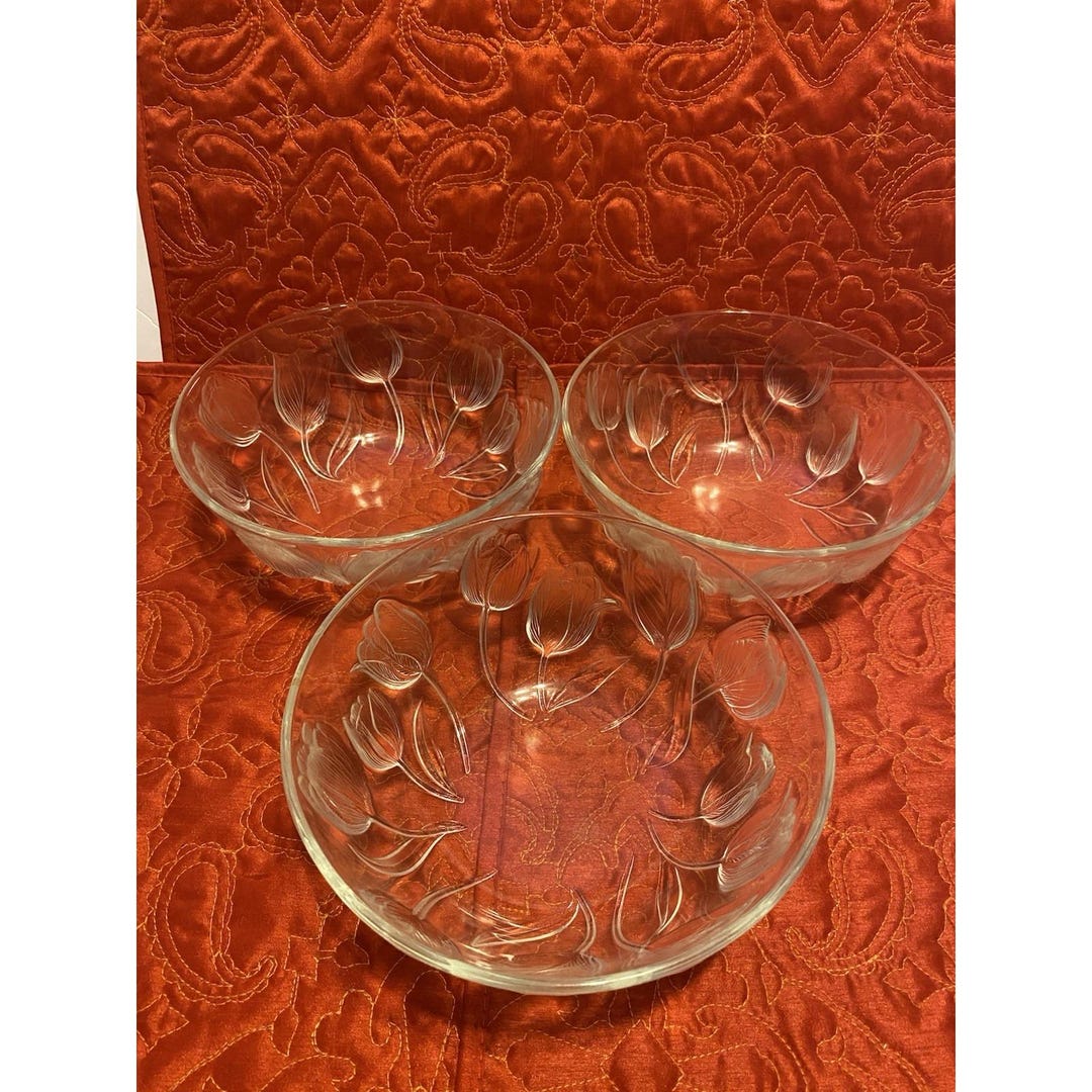 Set of 3 Teleflora Clear Crystal Bowl Vase Center Piece Frosted Tulips ...