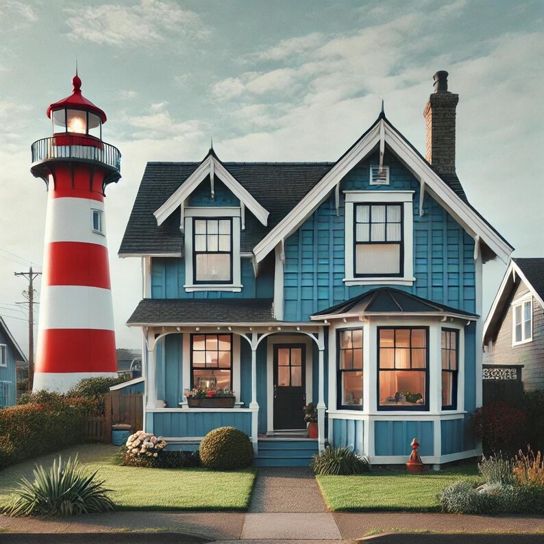Blue House Red and White With Lighthouse - Etsy