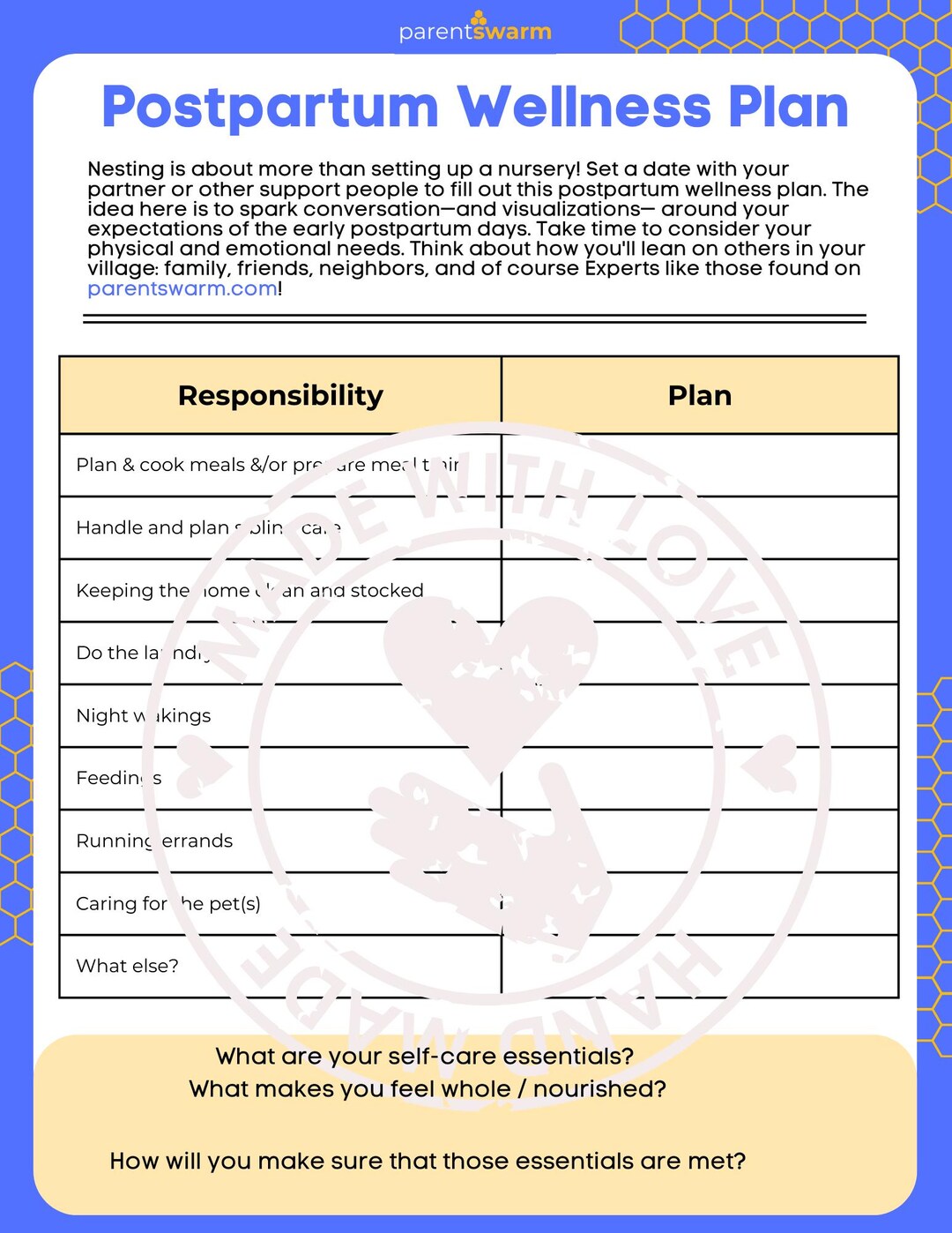 Printable Postpartum Wellness Planning Template PDF for New Parents No ...
