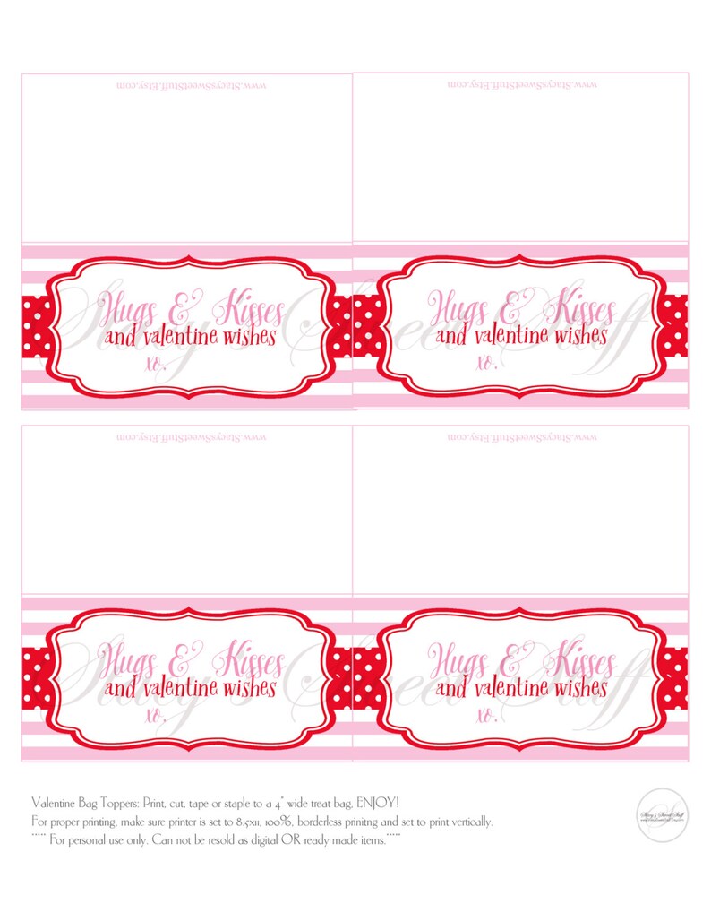 Printable Valentine, Valentine Bag Topper, Hugs and Kisses Valentine ...