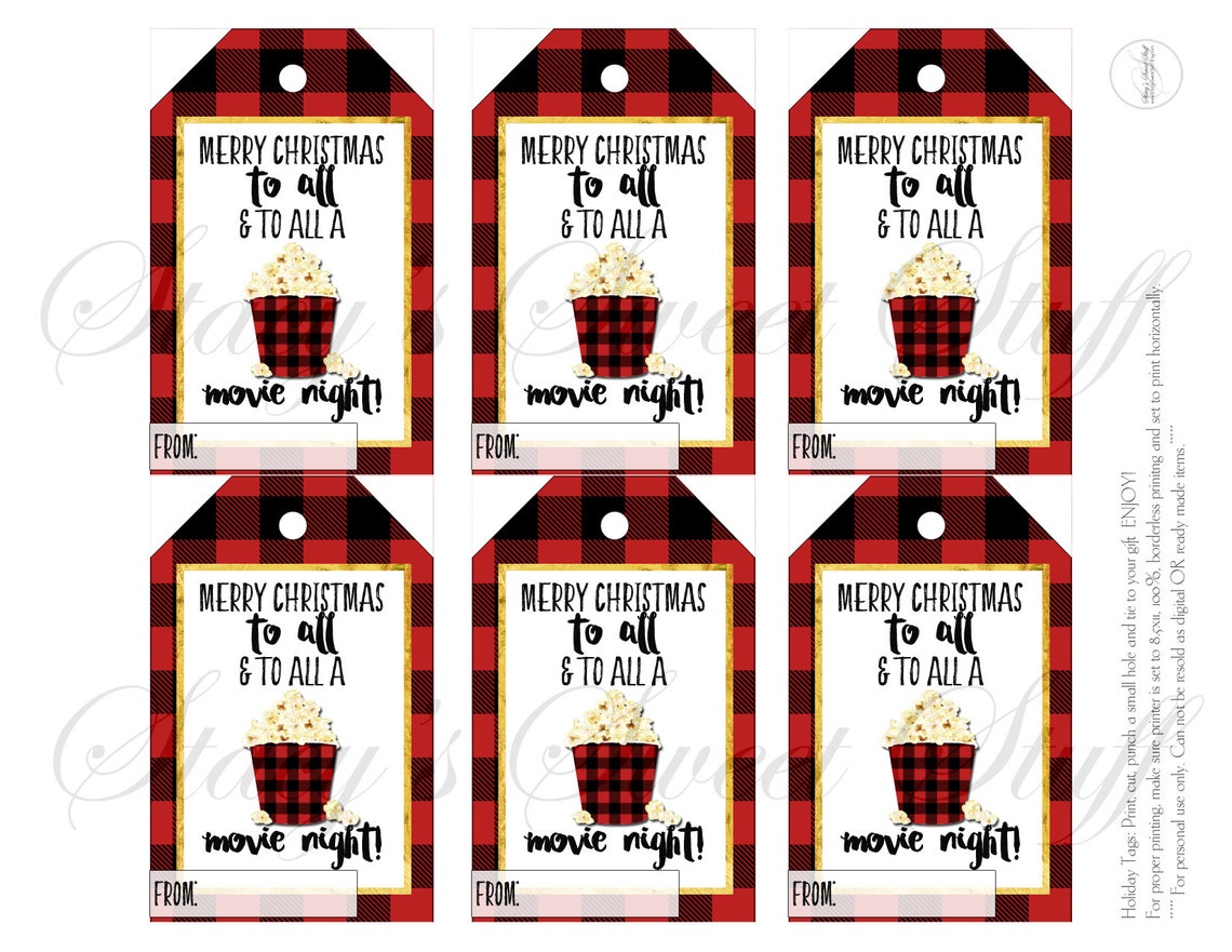 Movie Night Tag Christmas printable Secret Santa Teacher | Etsy